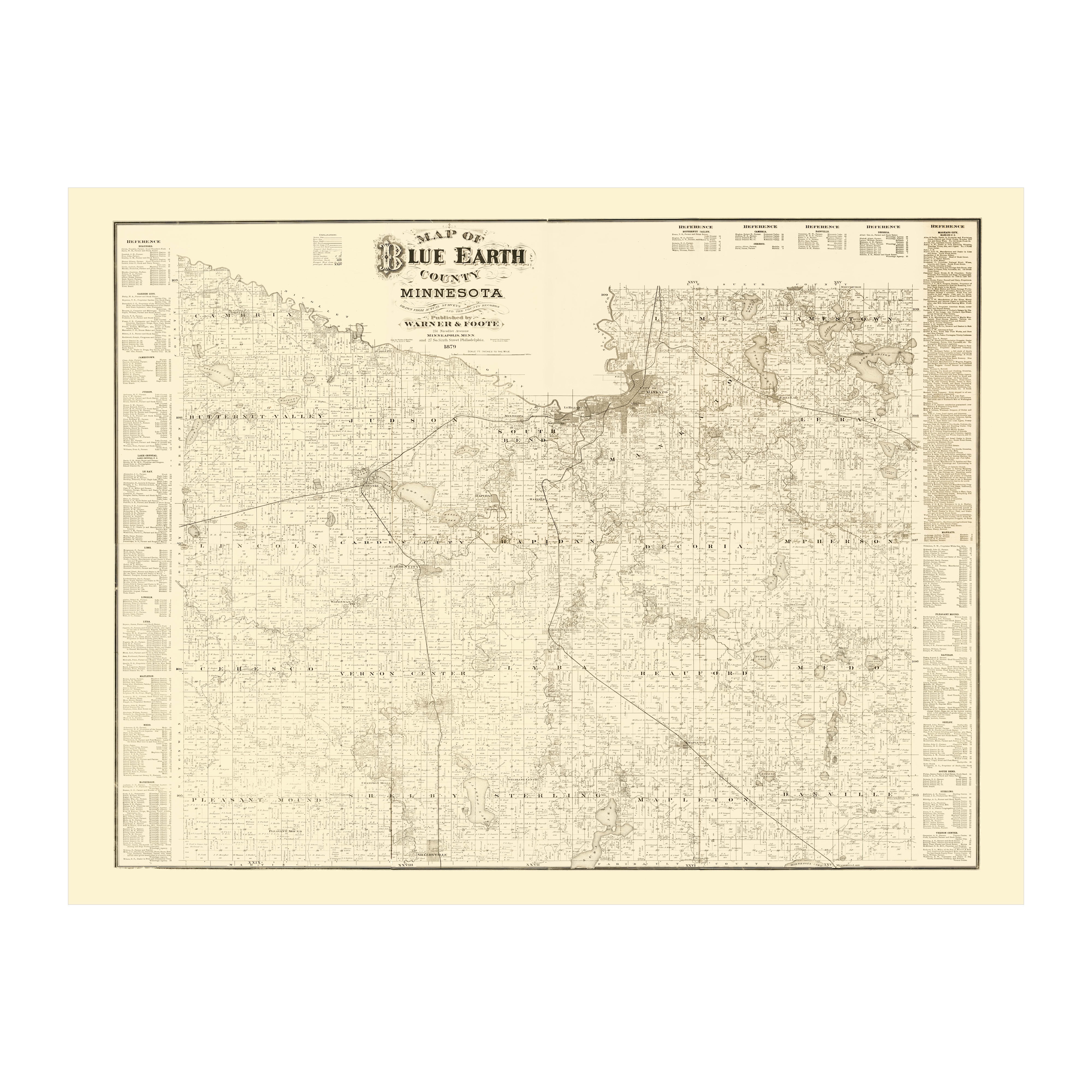 Blue Earth County Minnesota Art, 1879 Vintage Map of Blue Earth County ...
