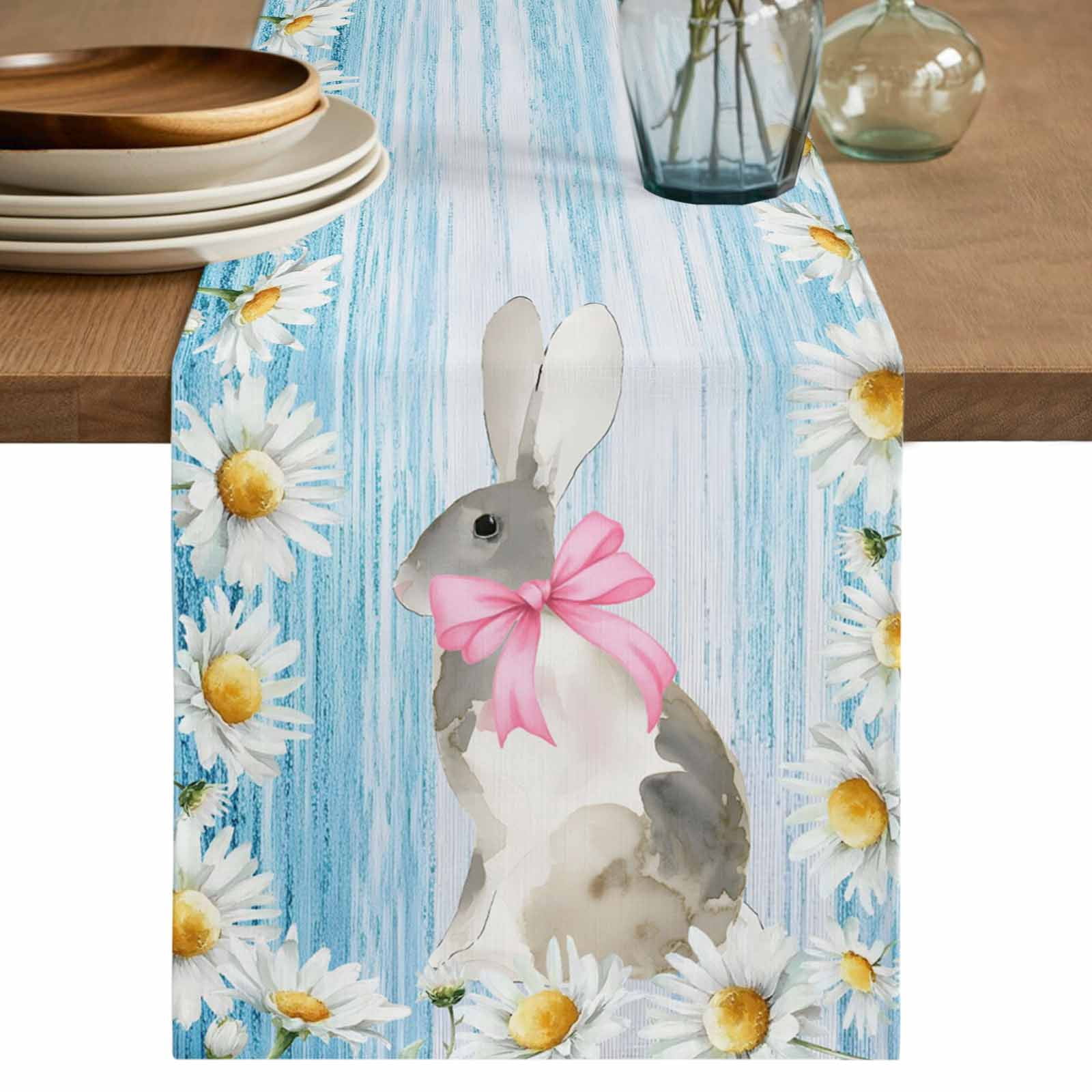 Blue Easter Bunny Table Runner, Spring Daisy Modern Ombre Striped ...