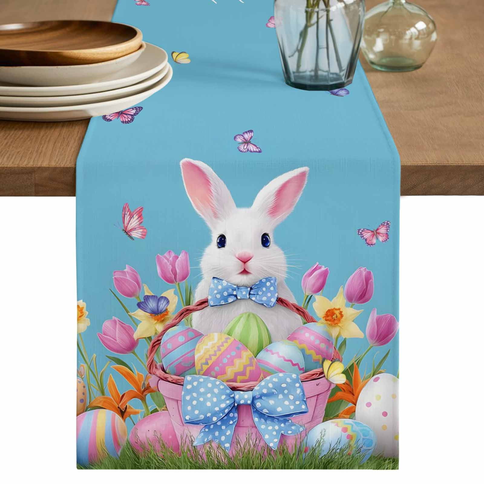 Blue Easter Cotton Linen Table Runner for Dining Kitchen, Spring Rabbit ...