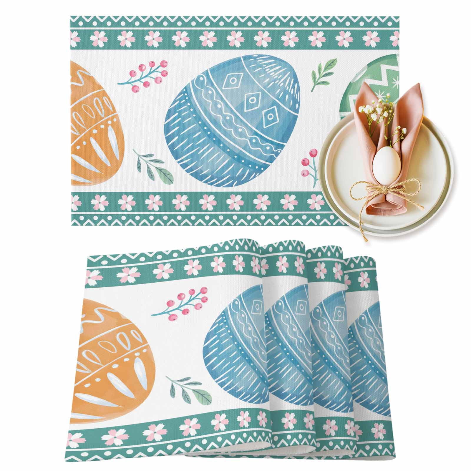 Blue Easter Egg Placemats Set of 1, Spring Pink Floral Leaf Plant ...