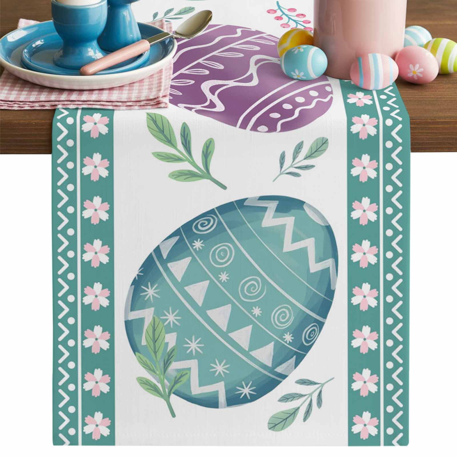 Blue Easter Egg Table Runner, Spring Pink Floral Leaf Plant Abstract ...