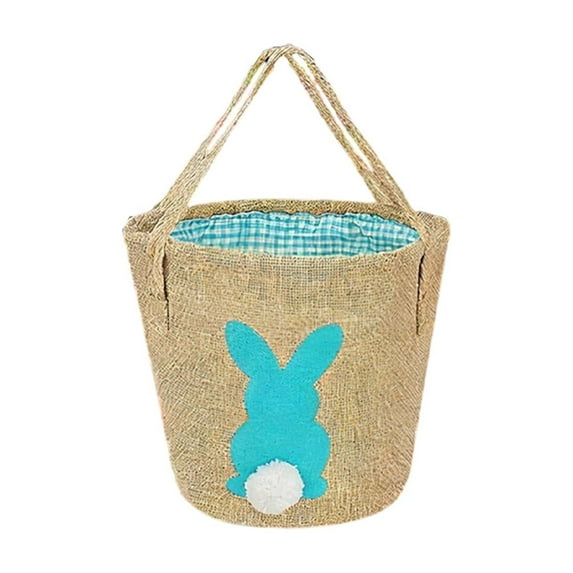 Blue Easter Round Bucket Bag Rabbit Linen Fabric Handheld Gift Tote For ...