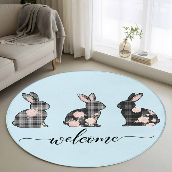 Blue Easter Round Rug 3ft Washable Circle Entryway Rugs Non Slip Spring ...