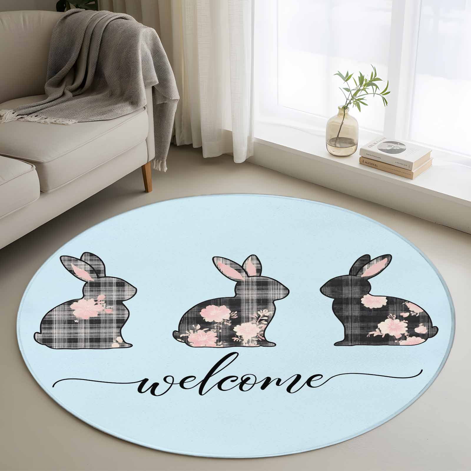 Blue Easter Round Rug 4ft Washable Circle Entryway Rugs Non Slip Spring ...
