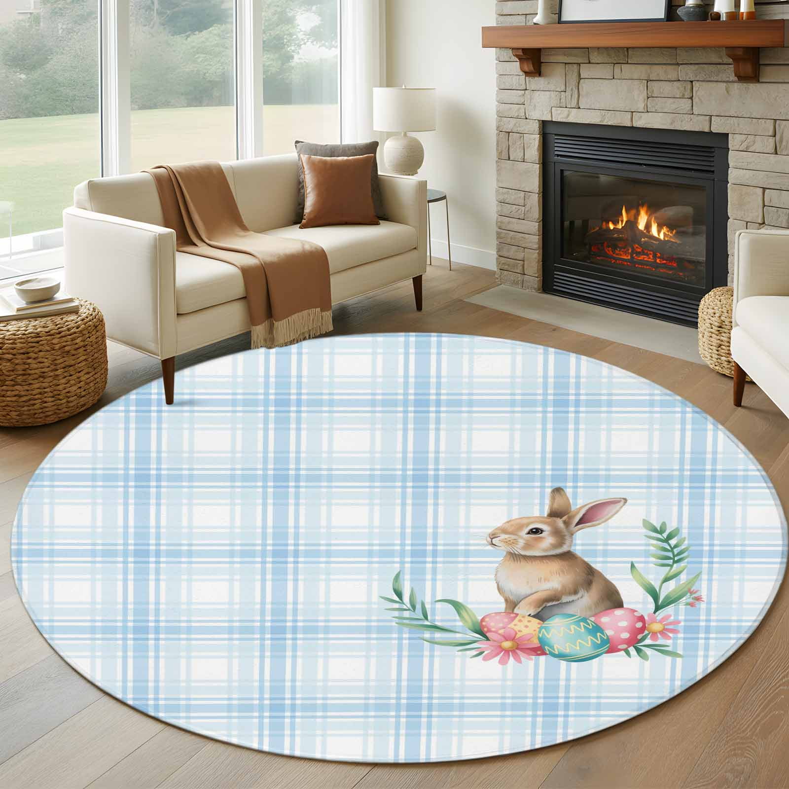Blue Easter Round Rug 5ft Washable Circle Kitchen Rugs Non Slip Bunny ...