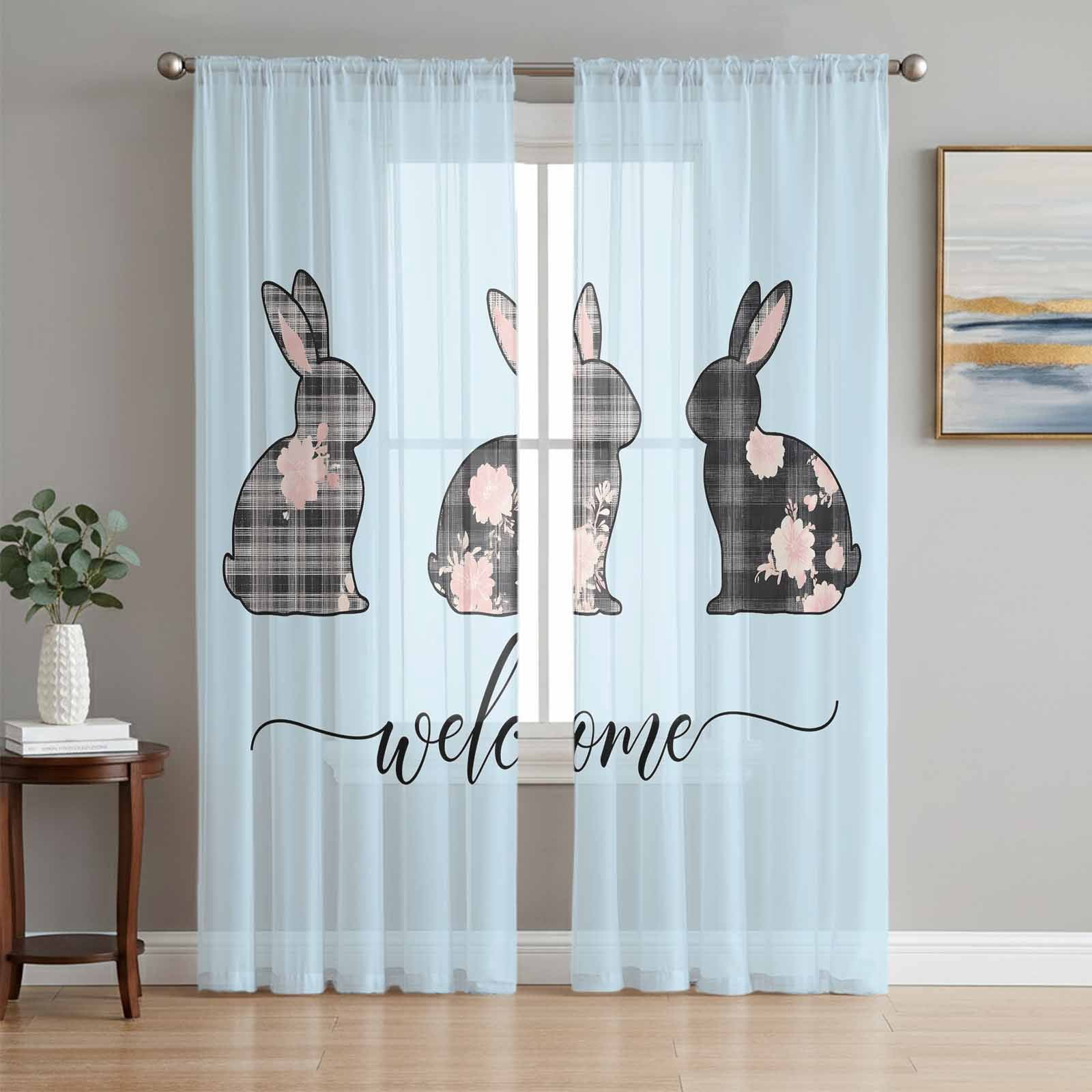 Blue Easter Sheer Curtains 96 Inch Length 2 Panels Set, Spring Rabbit ...