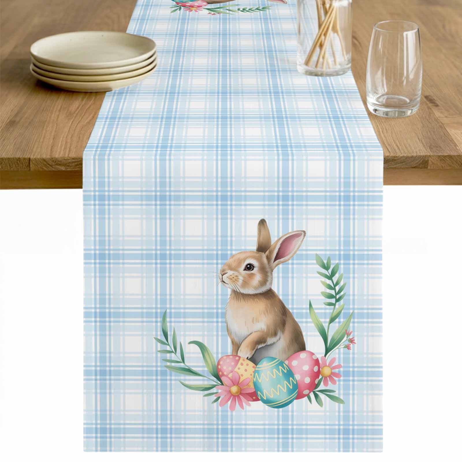 Blue Easter Table Runner - 108 Inch Long Bunny Eggs Spring Floral ...