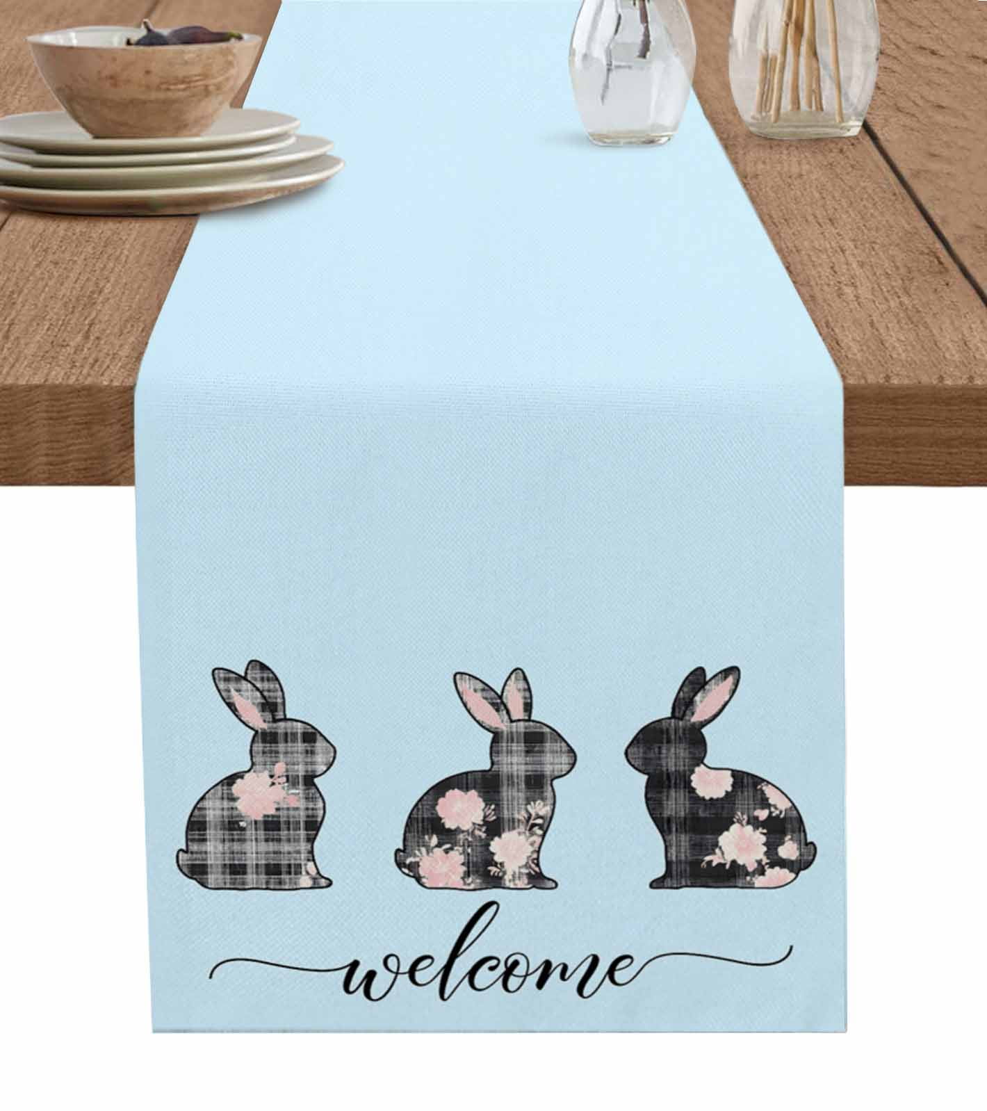 Blue Easter Table Runner 36 Inches, Spring Rabbit Plaid Flowers Animal ...