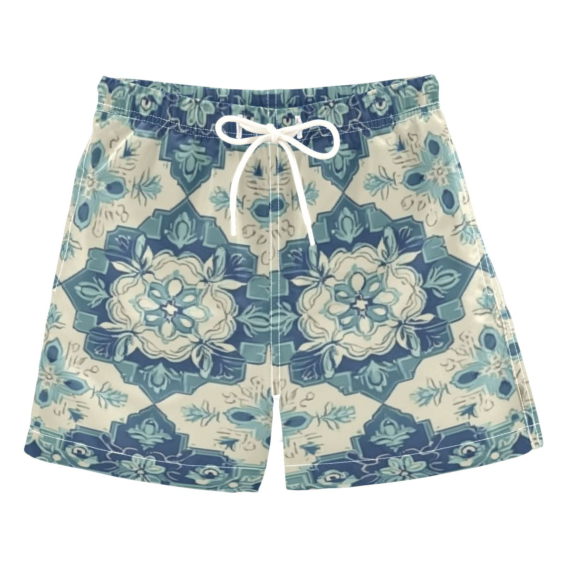 Blue Elegant Geometry Floral Boys Swim Trunks Quick Dry Boy Swim Shorts ...