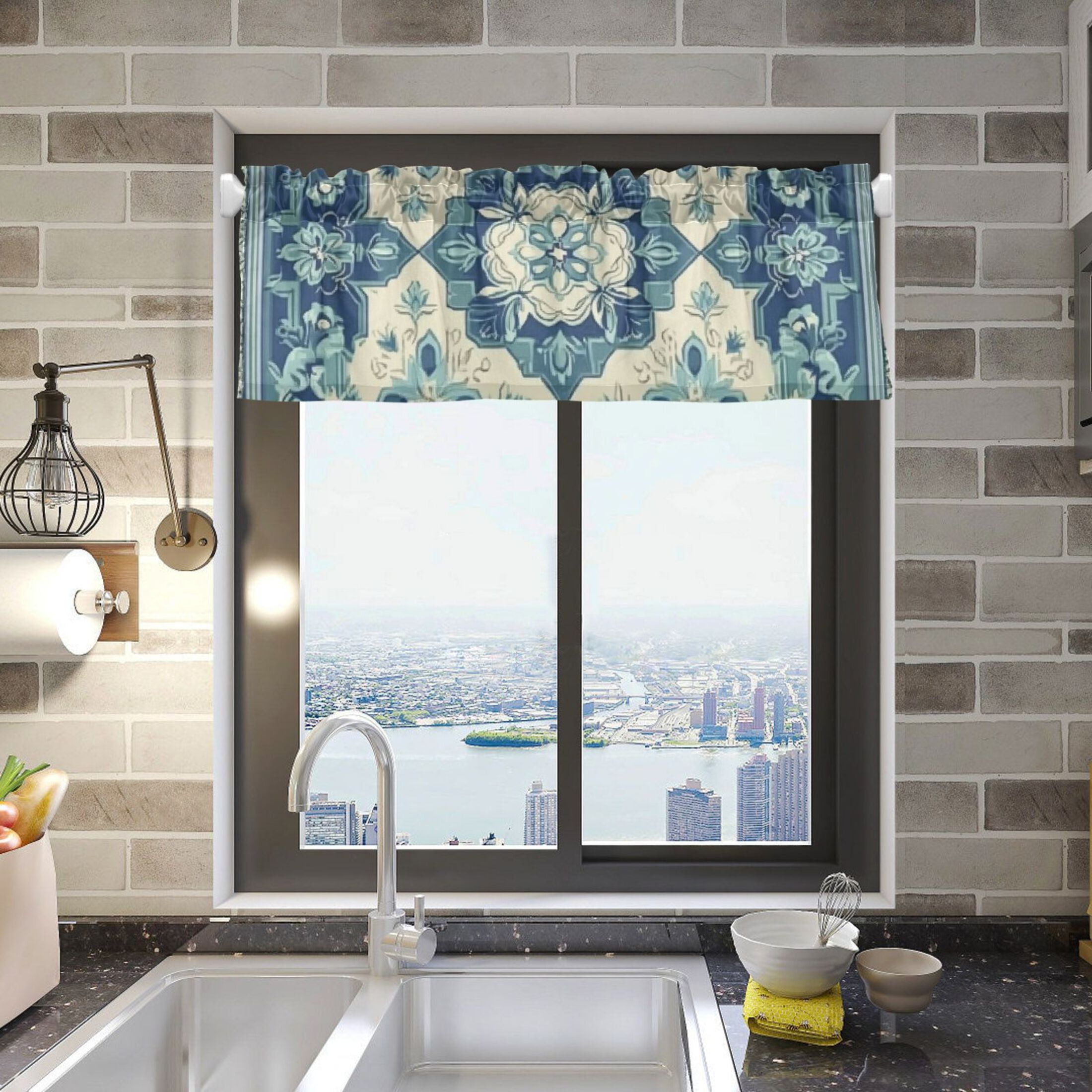 Blue Elegant Geometry Floral Curtain Valances for Windows Kitchen ...
