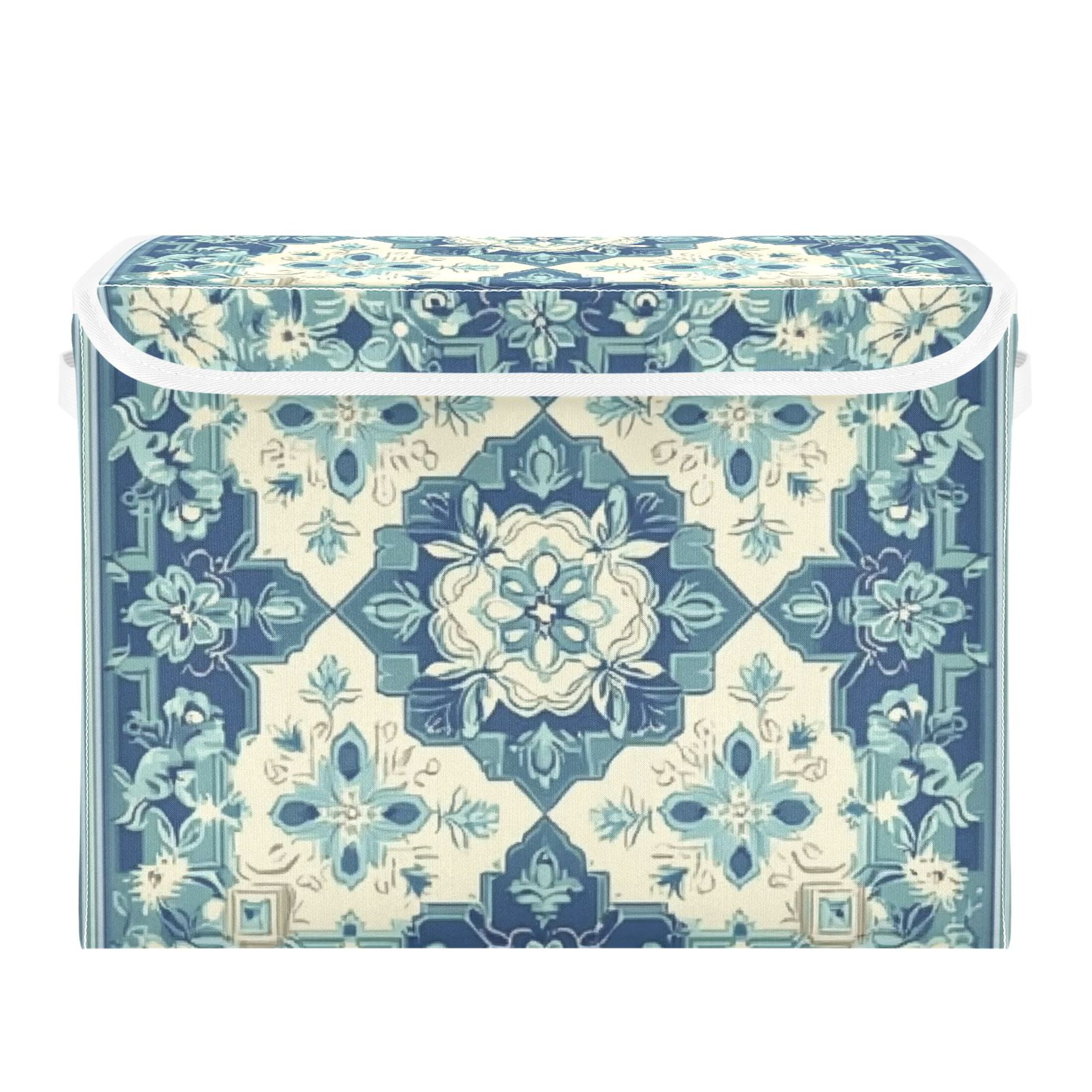 Blue Elegant Geometry Floral Large Storage Bins with Linen Collapsible ...
