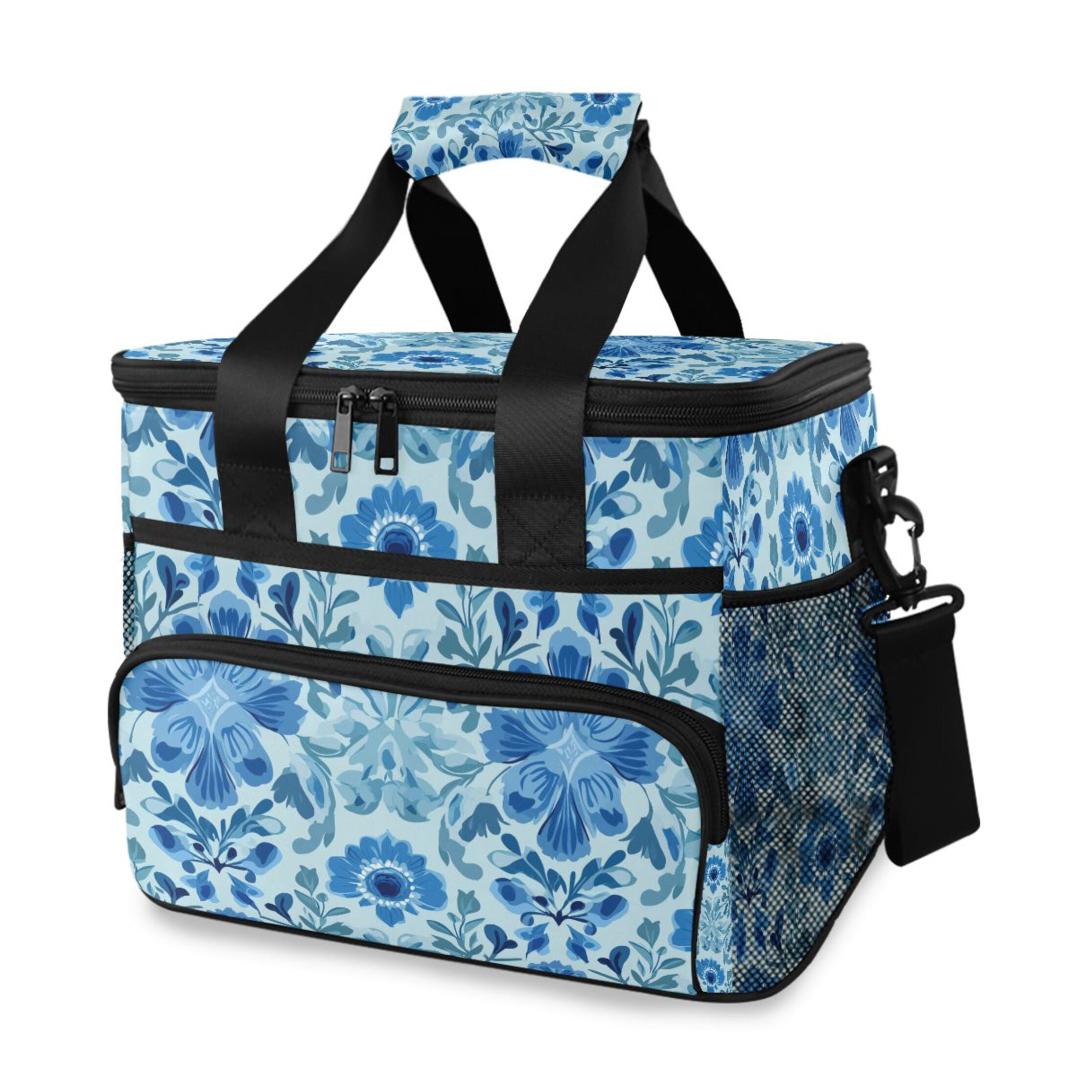 Blue Elegant Symmetrical Flower Pattern Portable Cooler Lunch Box ...