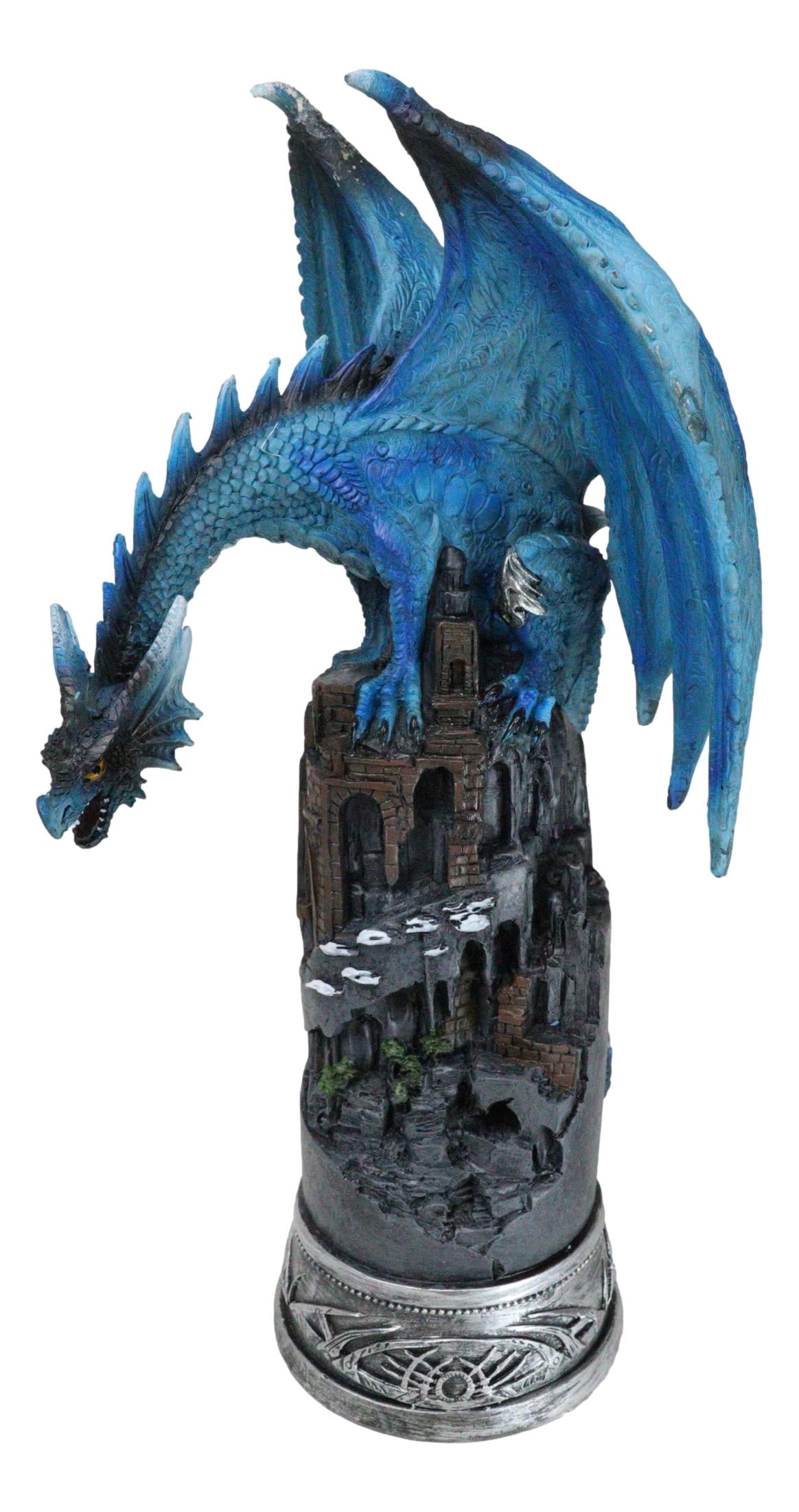 Blue Elemental Ice Dragon Perching On Medieval Stonewall Castle Tower ...