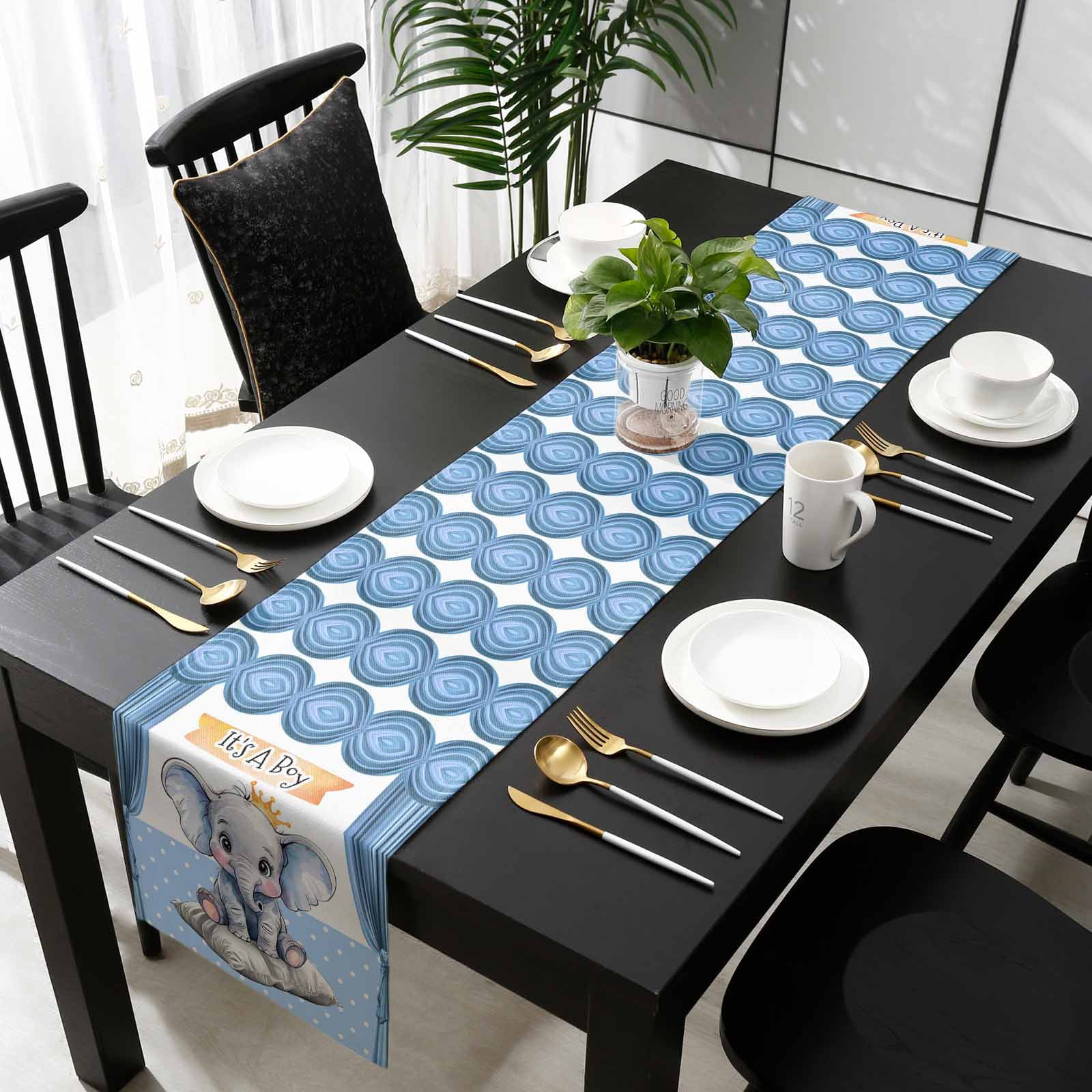 Blue Elephant Cotton Linen Table Runner 13 x 70 inch Watercolor Cute ...