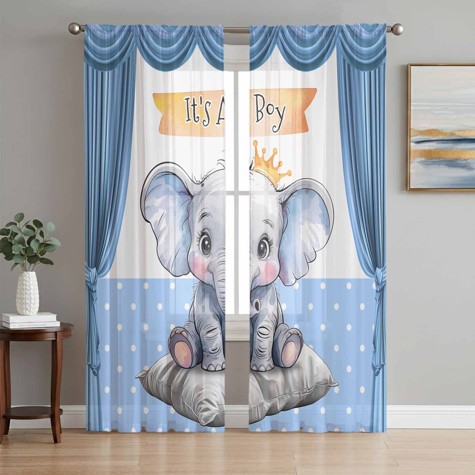 Blue Elephant Sheer Curtains 72 Inch Length 2 Panels Set, Watercolor ...