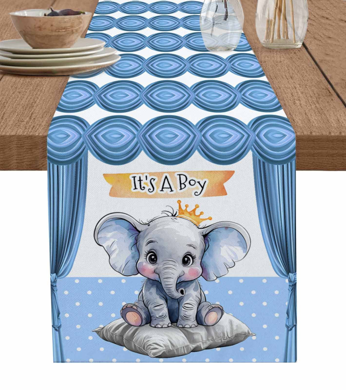 Blue Elephant Table Runner 70 Inches, Watercolor Cute Cartoon Animals ...