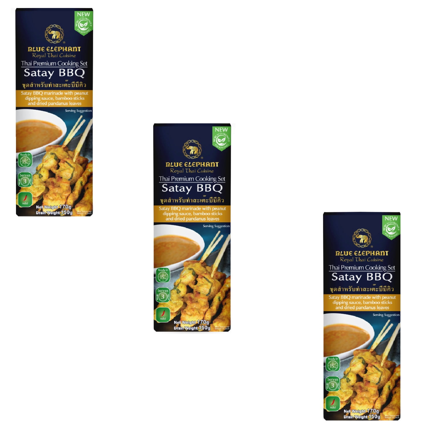 Blue Elephant Thai Premium Cooking Set Satay BBQ, 170g, 3 Pack ...