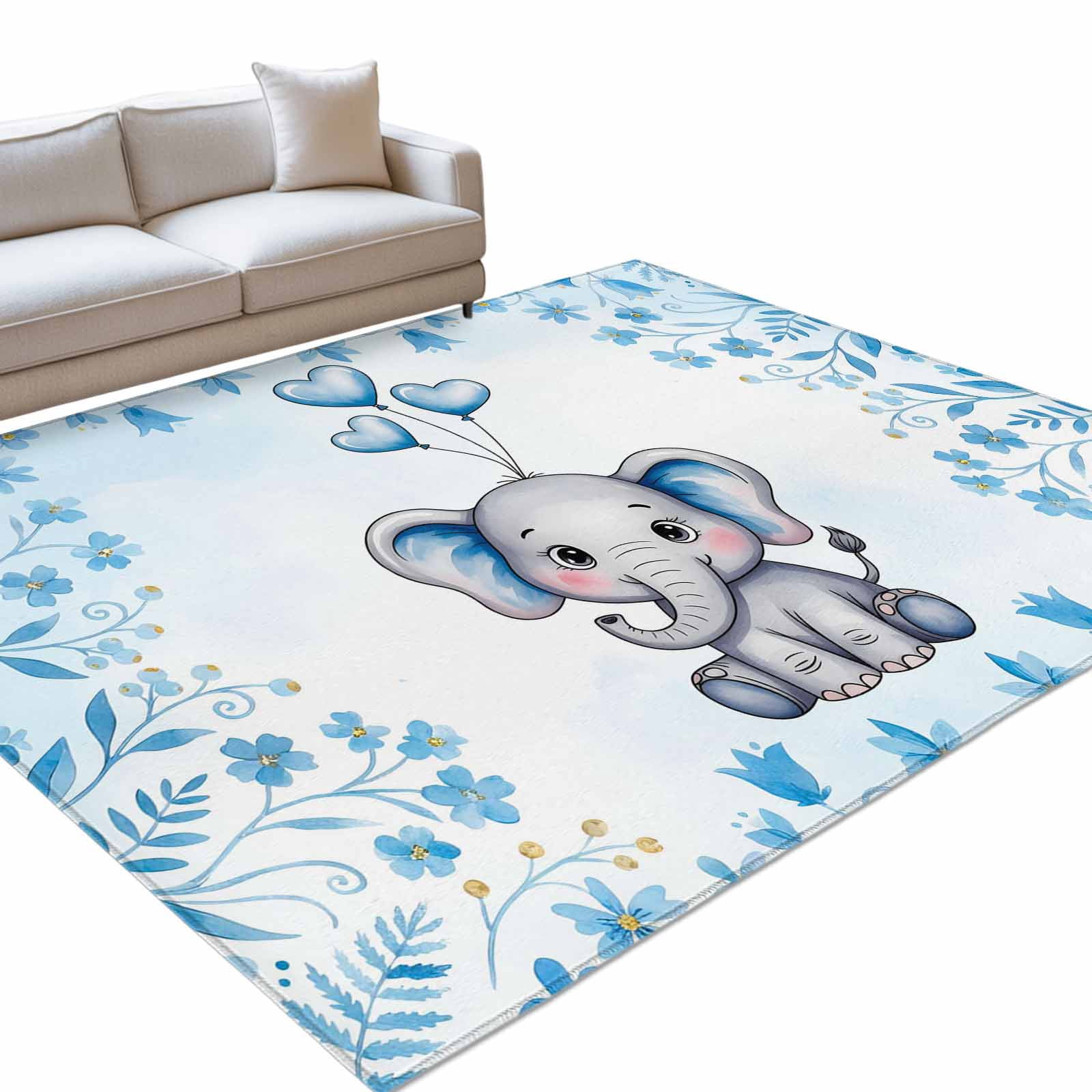 Blue Elephants Washable Rug 9x12 Area Rug for Living Room Bedroom Non ...