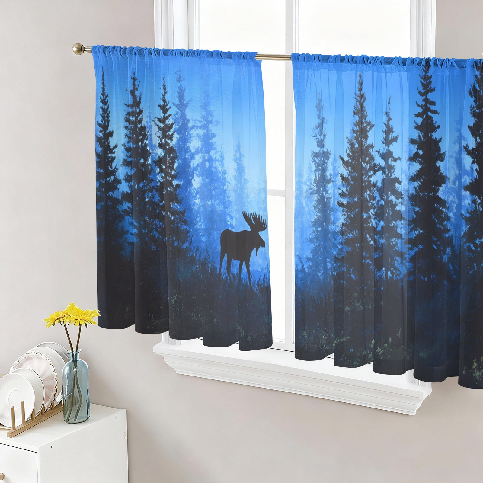 Blue Elk Forest Sheer Curtains for Living Room Bedroom Black Pine Tree ...
