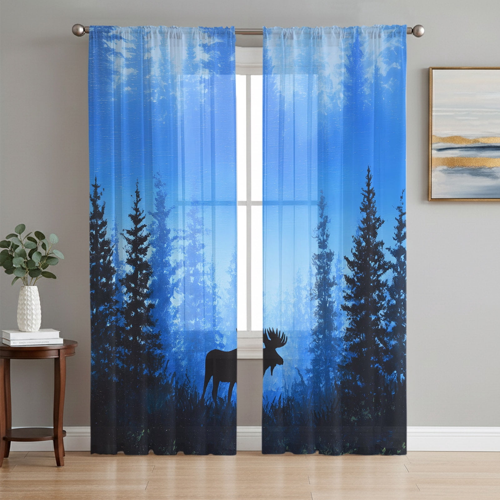 Blue Elk Forest Sheer Curtains for Living Room Bedroom Black Pine Tree ...