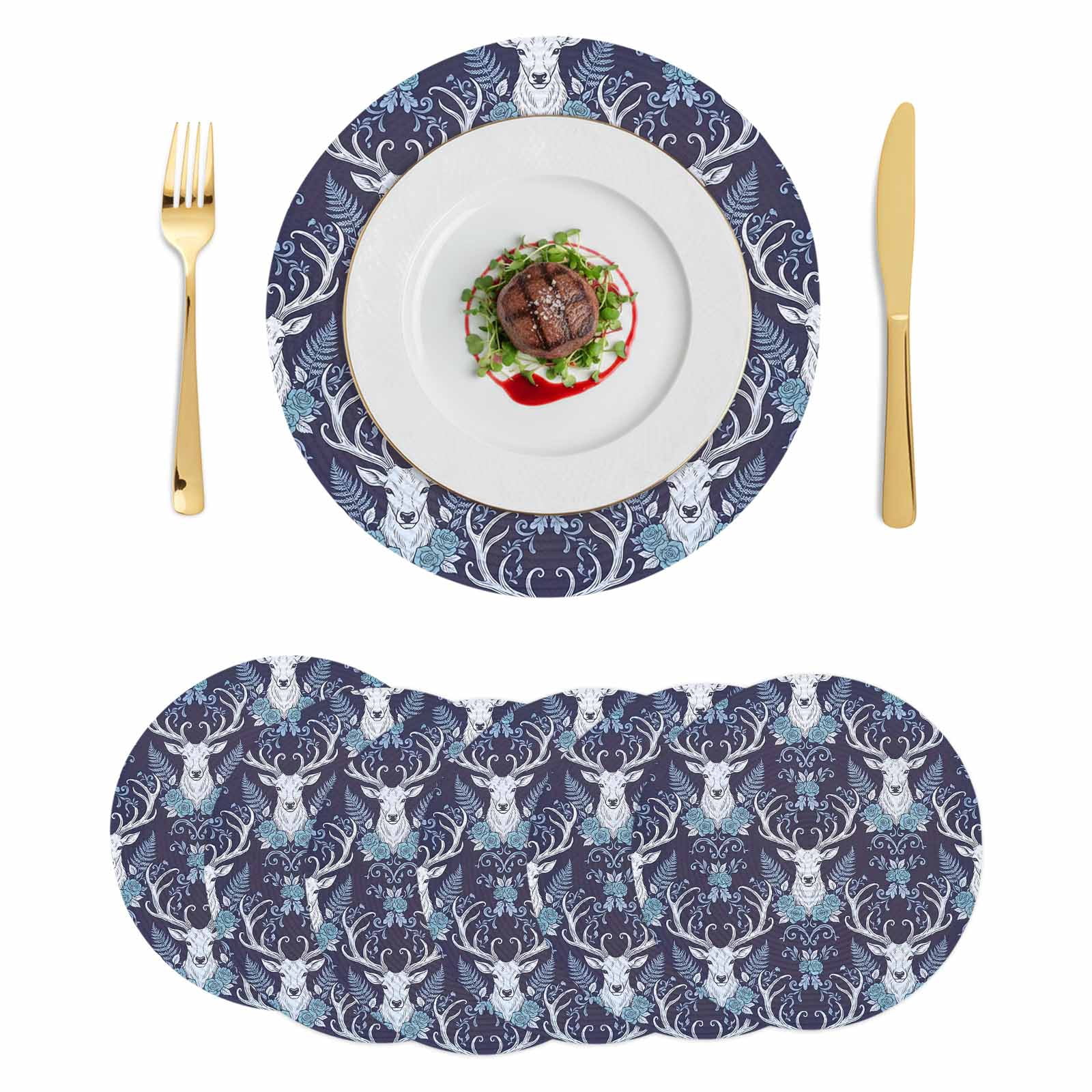Blue Elk Round Placemats Set of 6 Farmhouse Animals Botanical ...