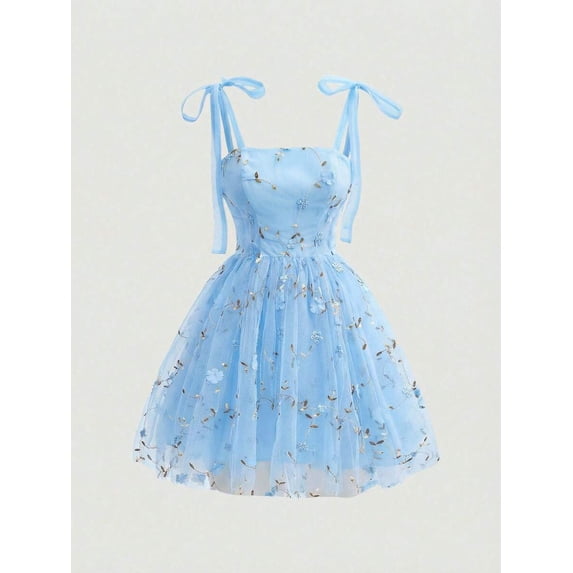Blue Embroidered Tulle Mini Dress With Floral Motifs, Tie Shoulder ...