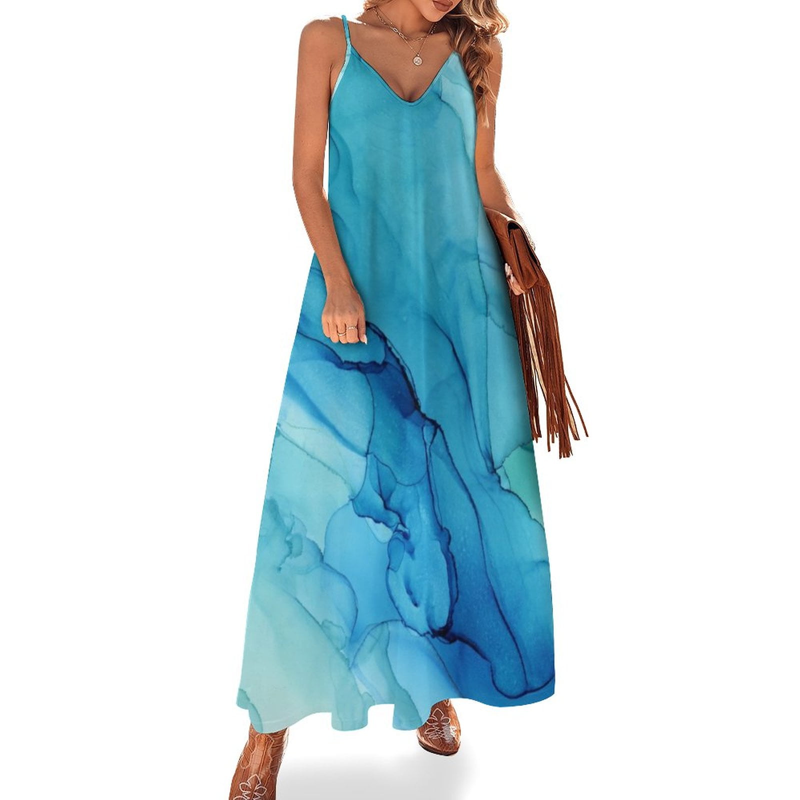 Blue Emerald Water Ombre Abstract Ink Sleeveless Dress Long dresses women dresses women's ...