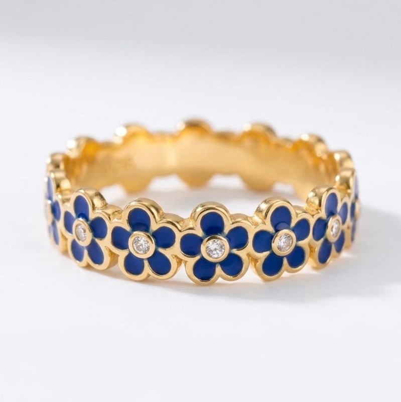 Blue Enamel & Diamond Flower Band Ring, Dainty Floral Ring, Stackable ...