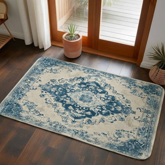 Blue Ethnic Bohemian Traditional Flower Door Mat,Indoor Outdoor Welcome ...