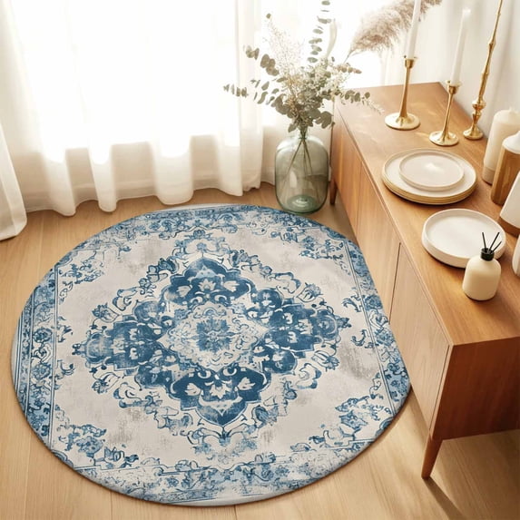 Blue Ethnic Bohemian Traditional Flower Round Area Rug 3ft,Living Room ...