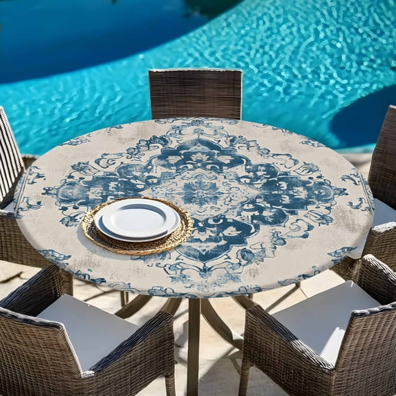 Blue Ethnic Bohemian Traditional Flower Round Fitted Tablecloth with ...