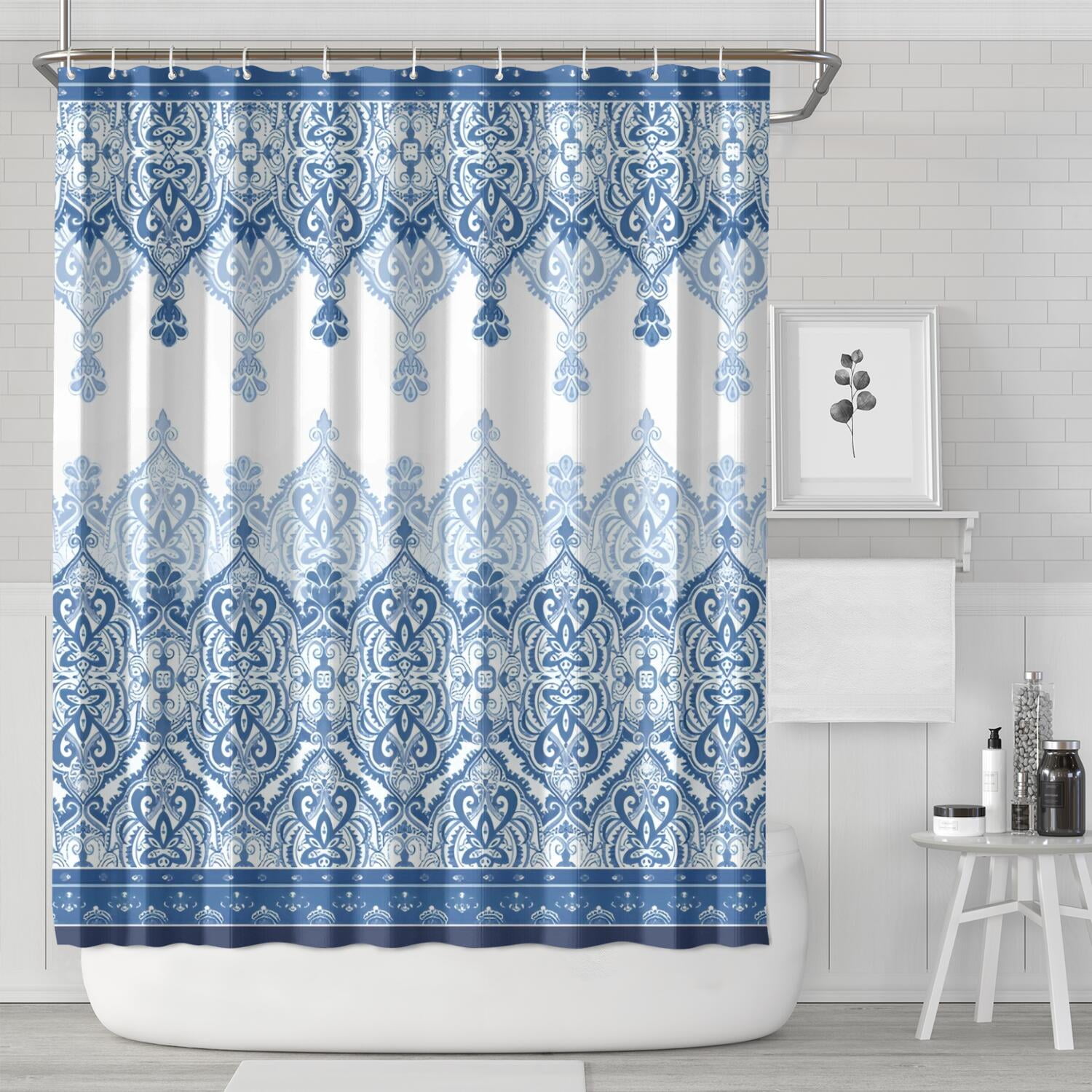 Blue Ethnic Floral Border Pattern Shower Curtain 72"x84" ,Bathroom ...