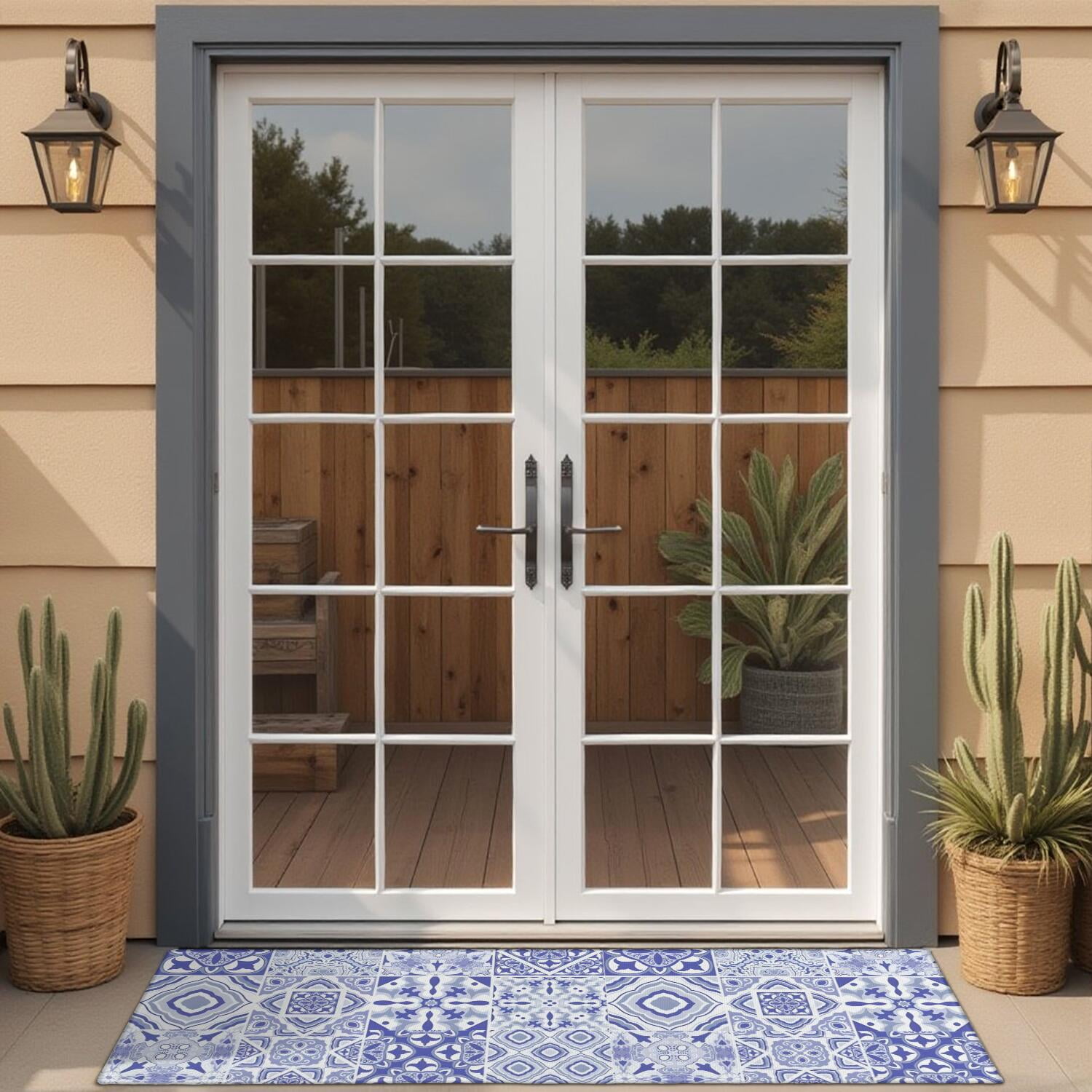 Blue Ethnic Geometric Pattern Door Rugs,Washable Non Slip Door Mats ...