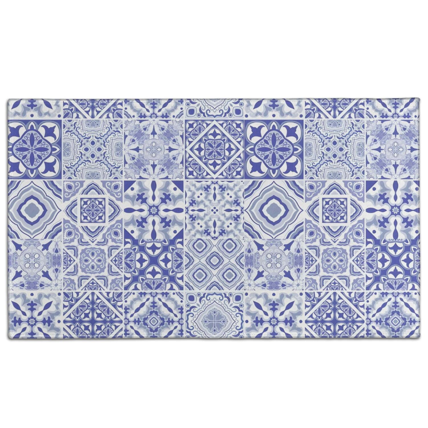 Blue Ethnic Geometric Pattern Door Rugs,Washable Non Slip Door Mats ...