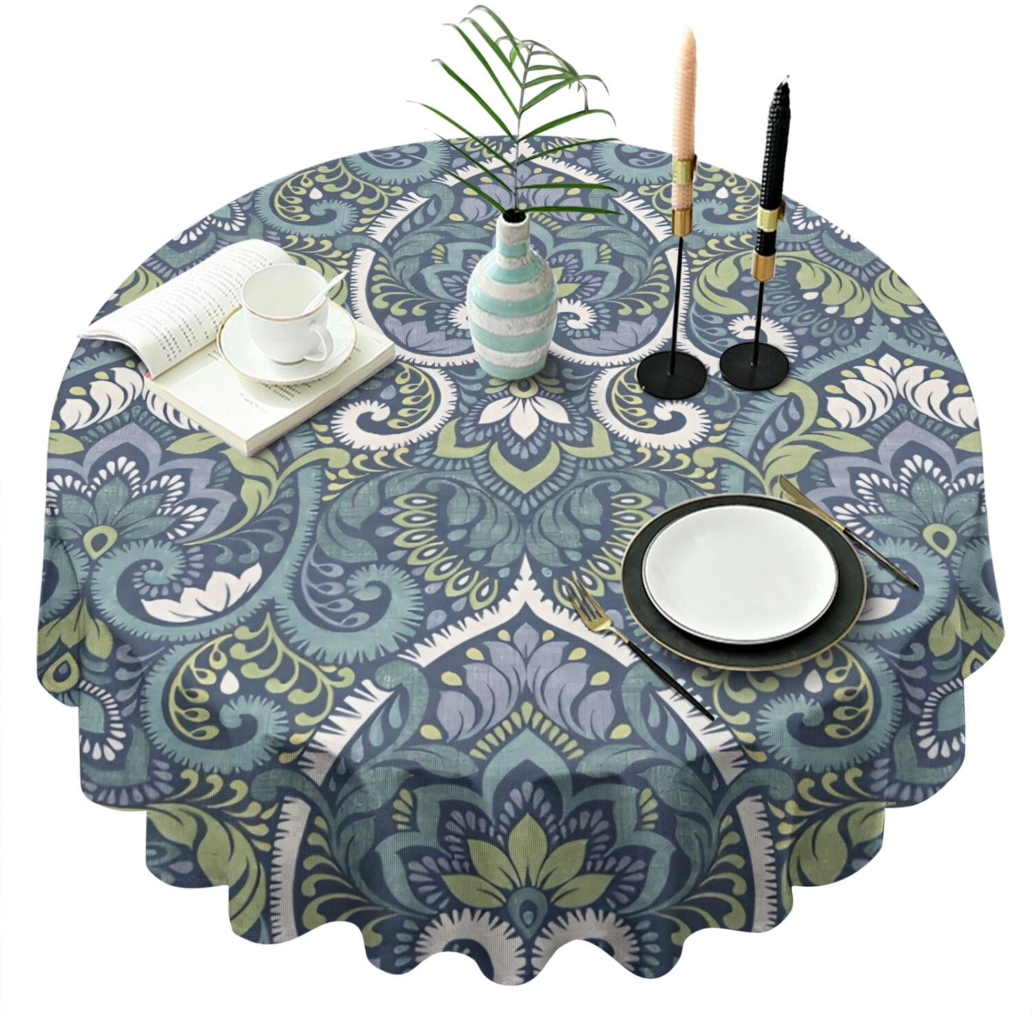 Blue Ethnic Paisley Pattern Round Tablecloth 60"x60",Wrinkle Wipeable ...