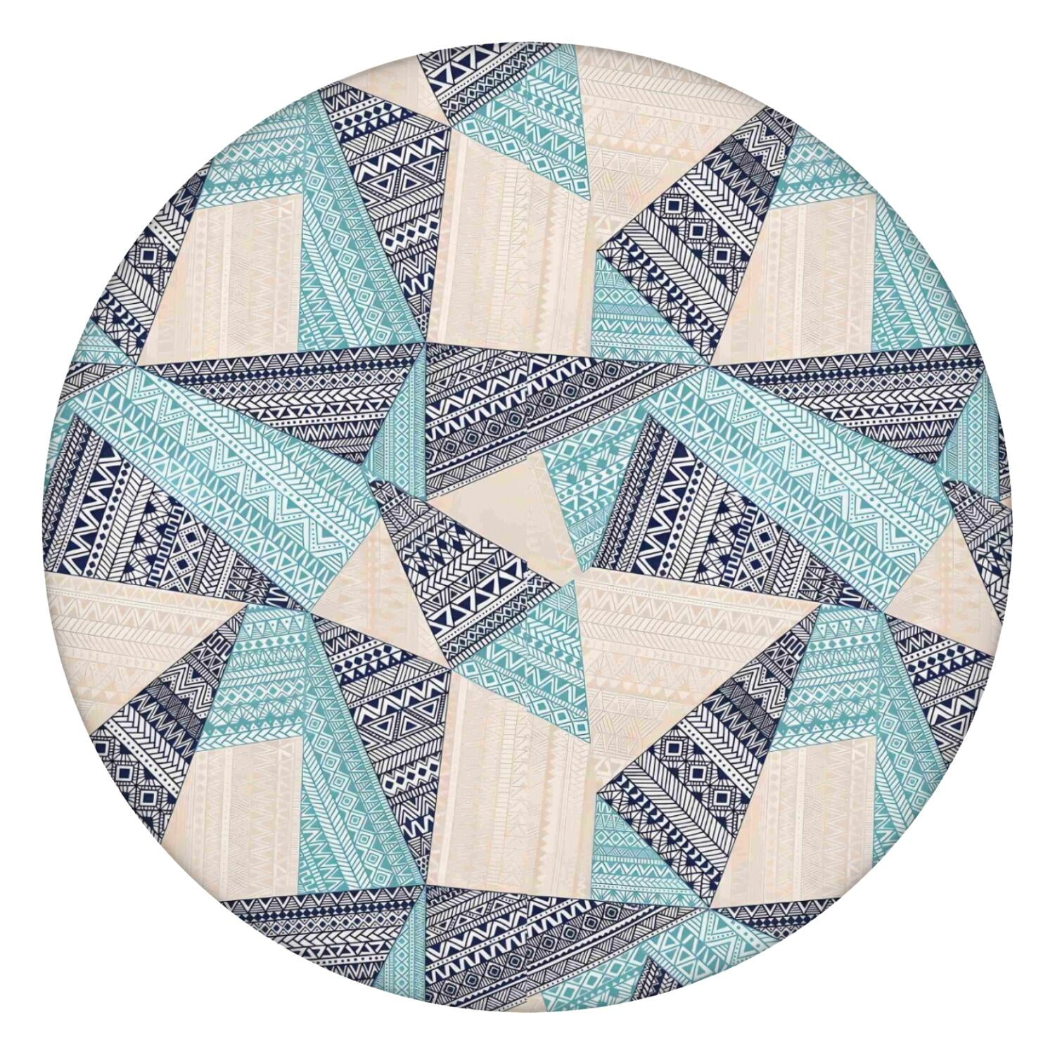 Blue Ethnic Triangle and Geometric Pattern Round Fitted Tablecloth with ...