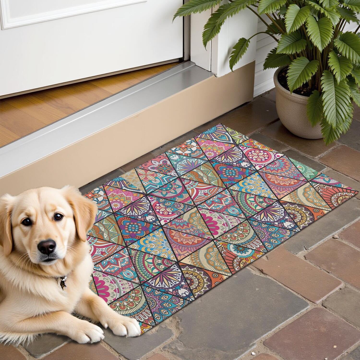 Blue Ethnic Triangle Pattern Door Rugs,Washable Non Slip Door Mats ...