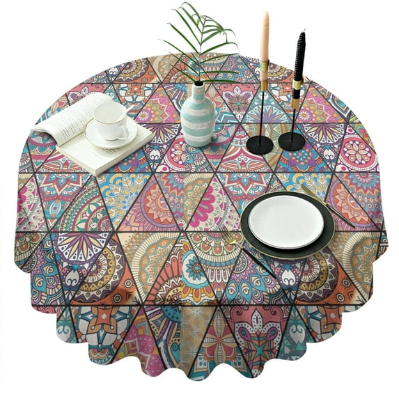 Blue Ethnic Triangle Pattern Round Tablecloth 60"x60",Wrinkle Wipeable ...