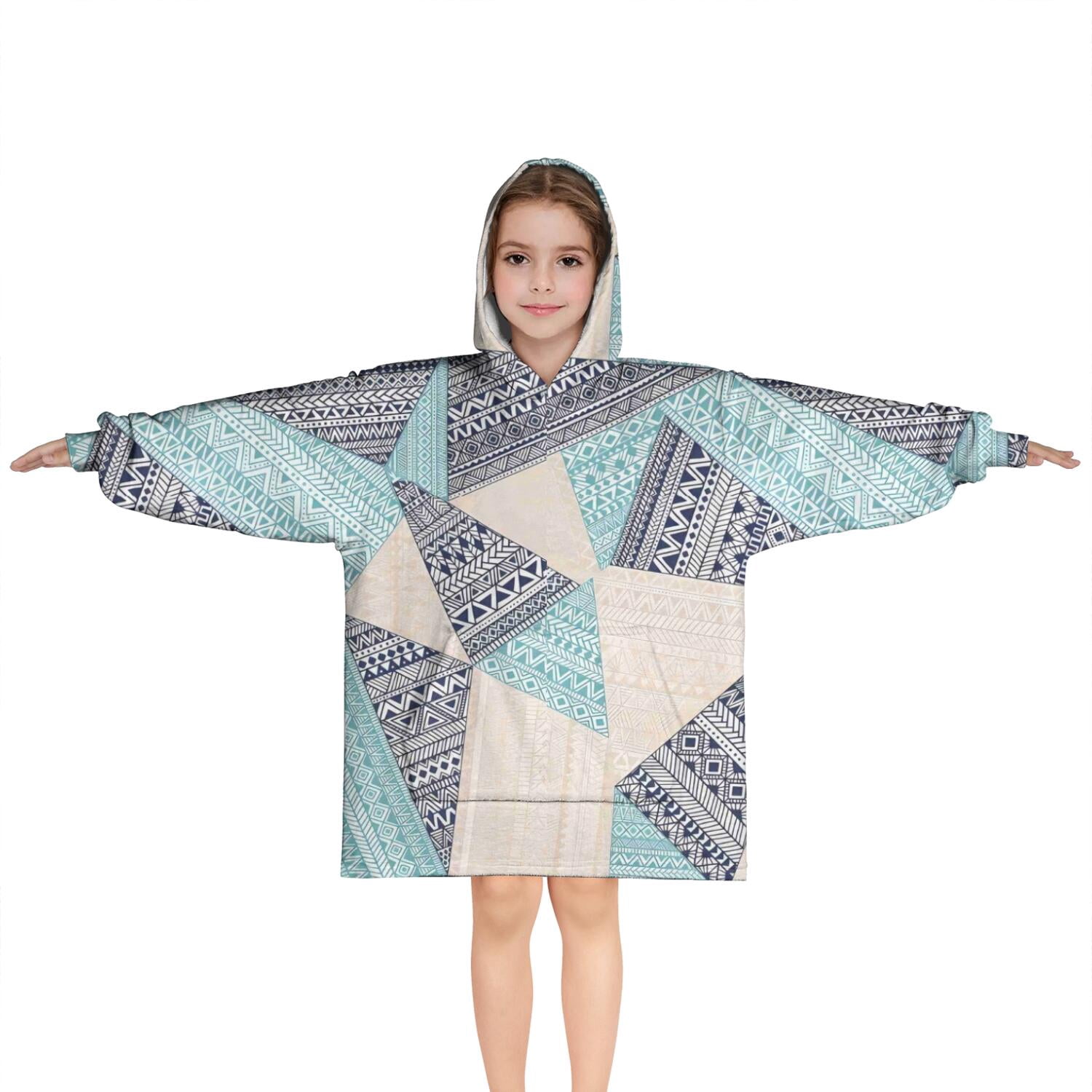 Blue Ethnic Triangle and Geometric Pattern Blanket Hoodies for Kids 6 ...