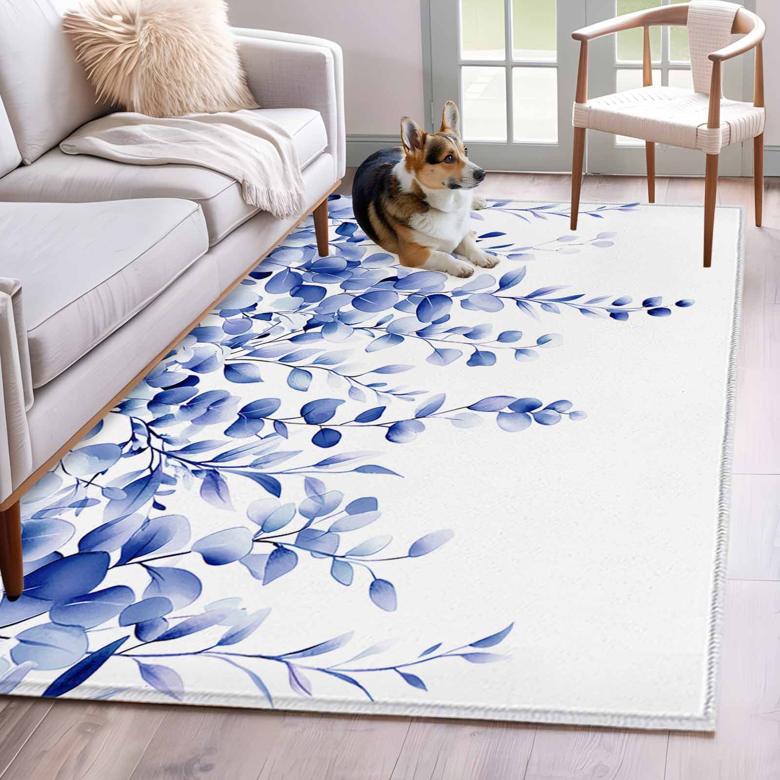 Blue Eucalyptus Area Rug 4x6 Washable Rug Non Slip Botanical Plant ...