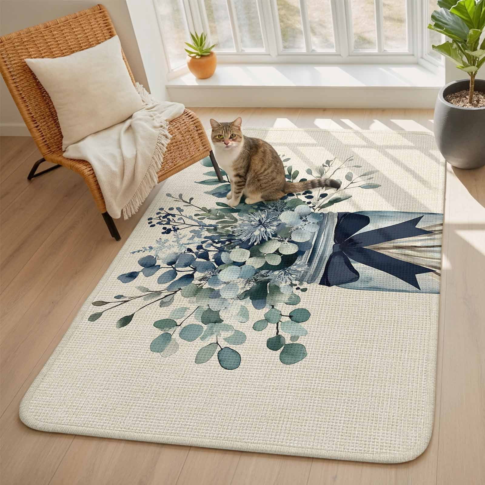 Blue Eucalyptus Area Rugs for Living Room 5x6, Leaves Bottle Ribbon ...