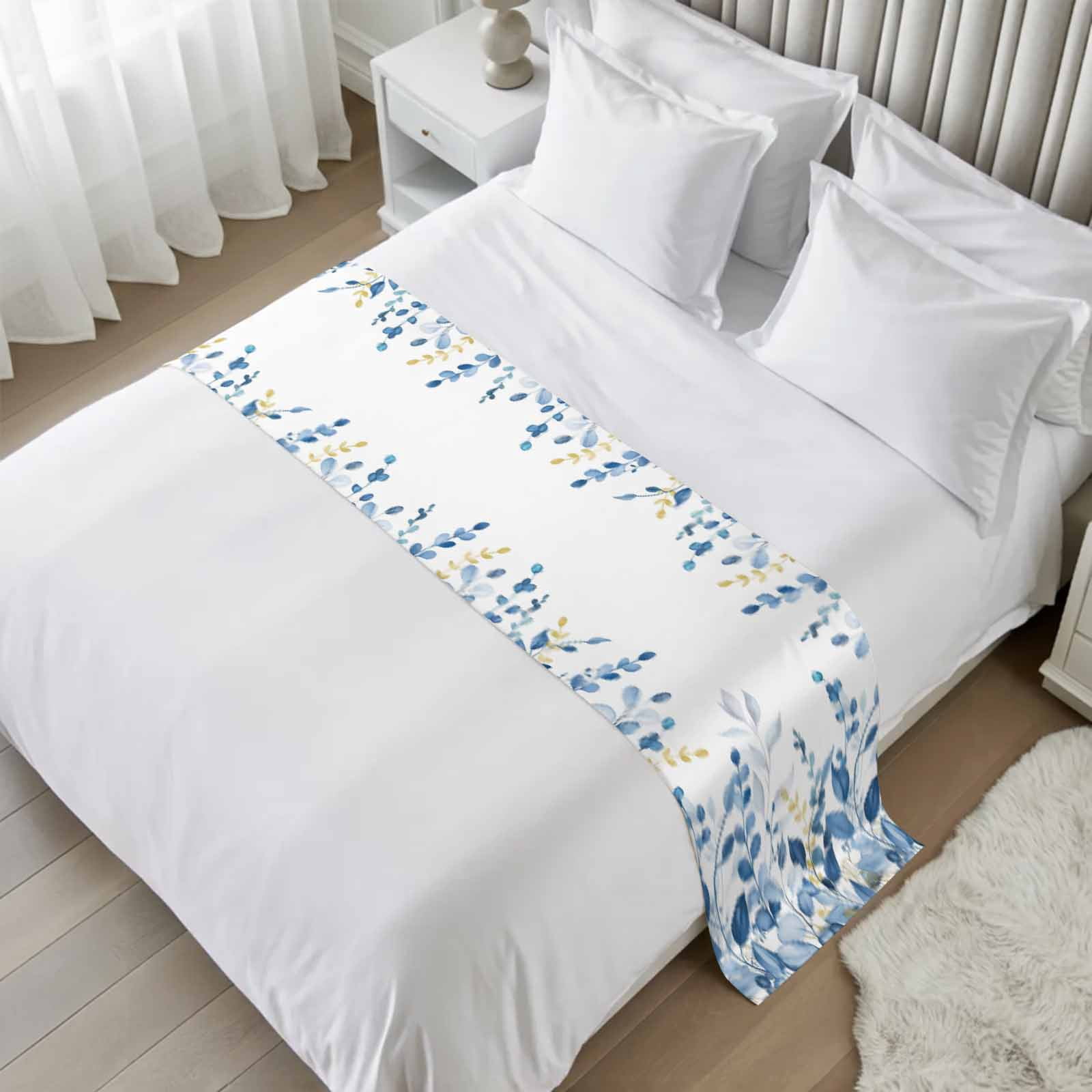 Blue Eucalyptus Bed Runner Scarf King Size, Watercolor Spring Weeping ...