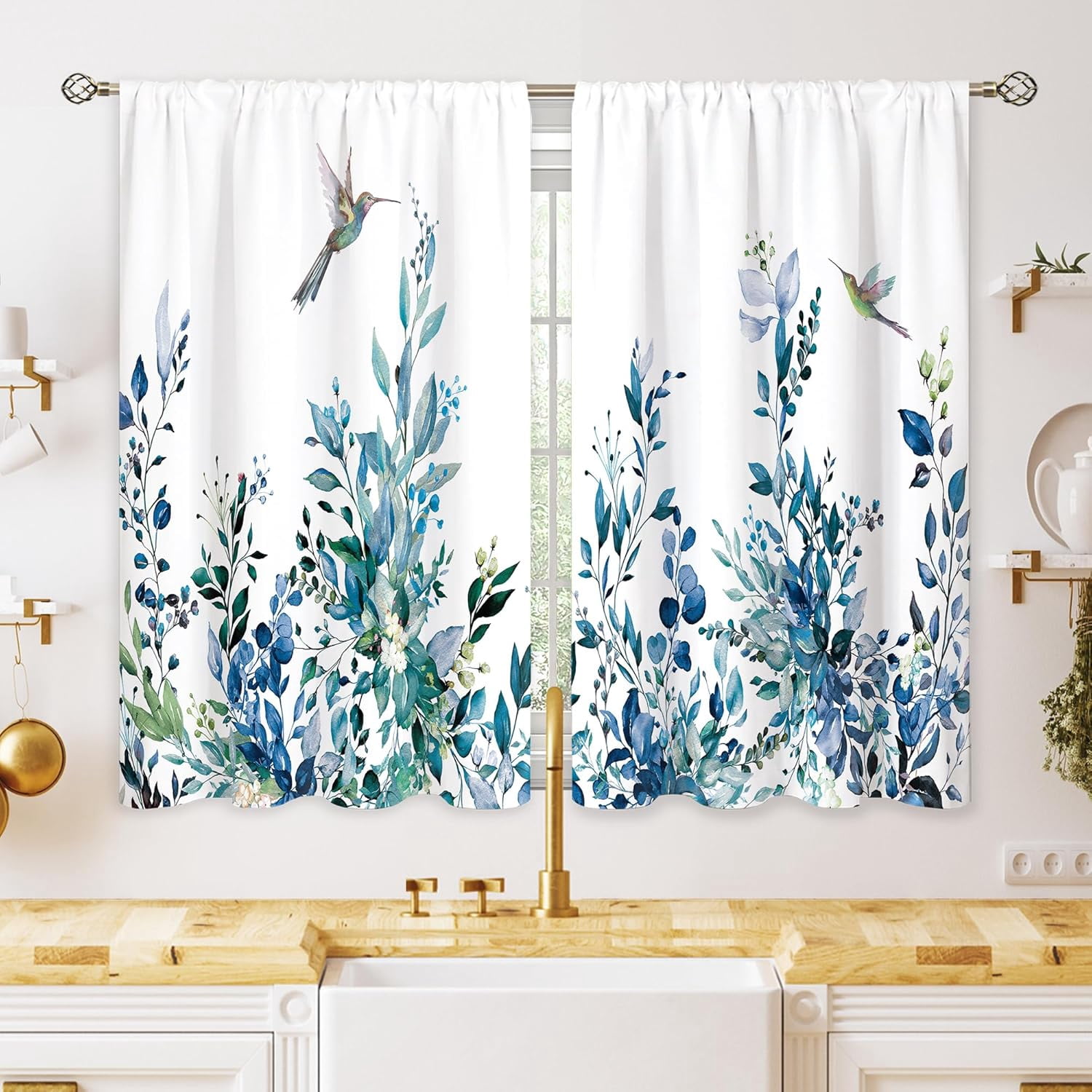 Blue Eucalyptus Botanical Leaves Floral Small Kitchen Curtains Flower ...
