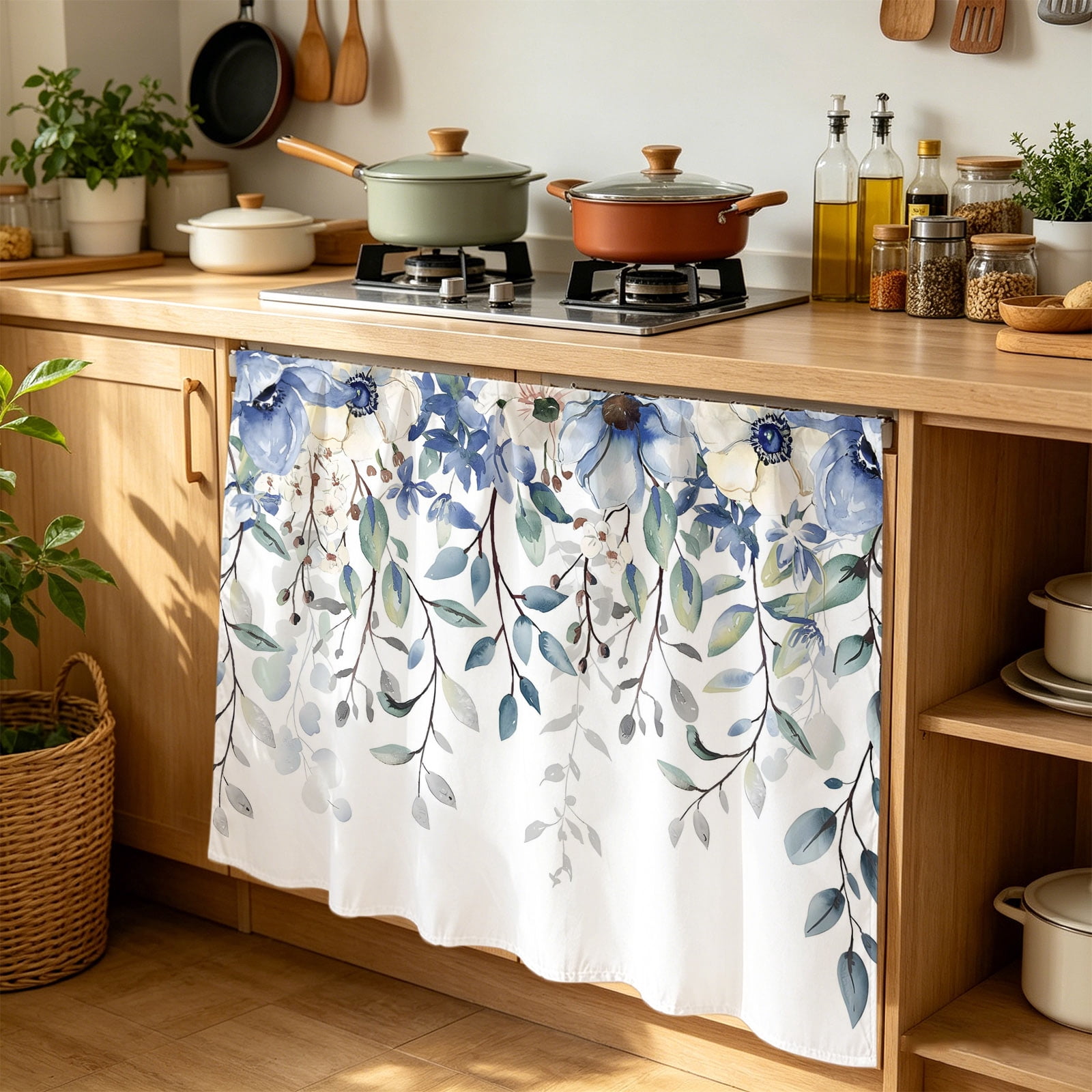 Blue Eucalyptus Cabinet Curtains 35''x35'', Farmhouse Flowers Leaf ...