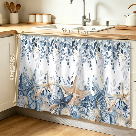 Blue Eucalyptus Coastal Cabinet Curtain 28"W x 51"L, Beach Starfish ...