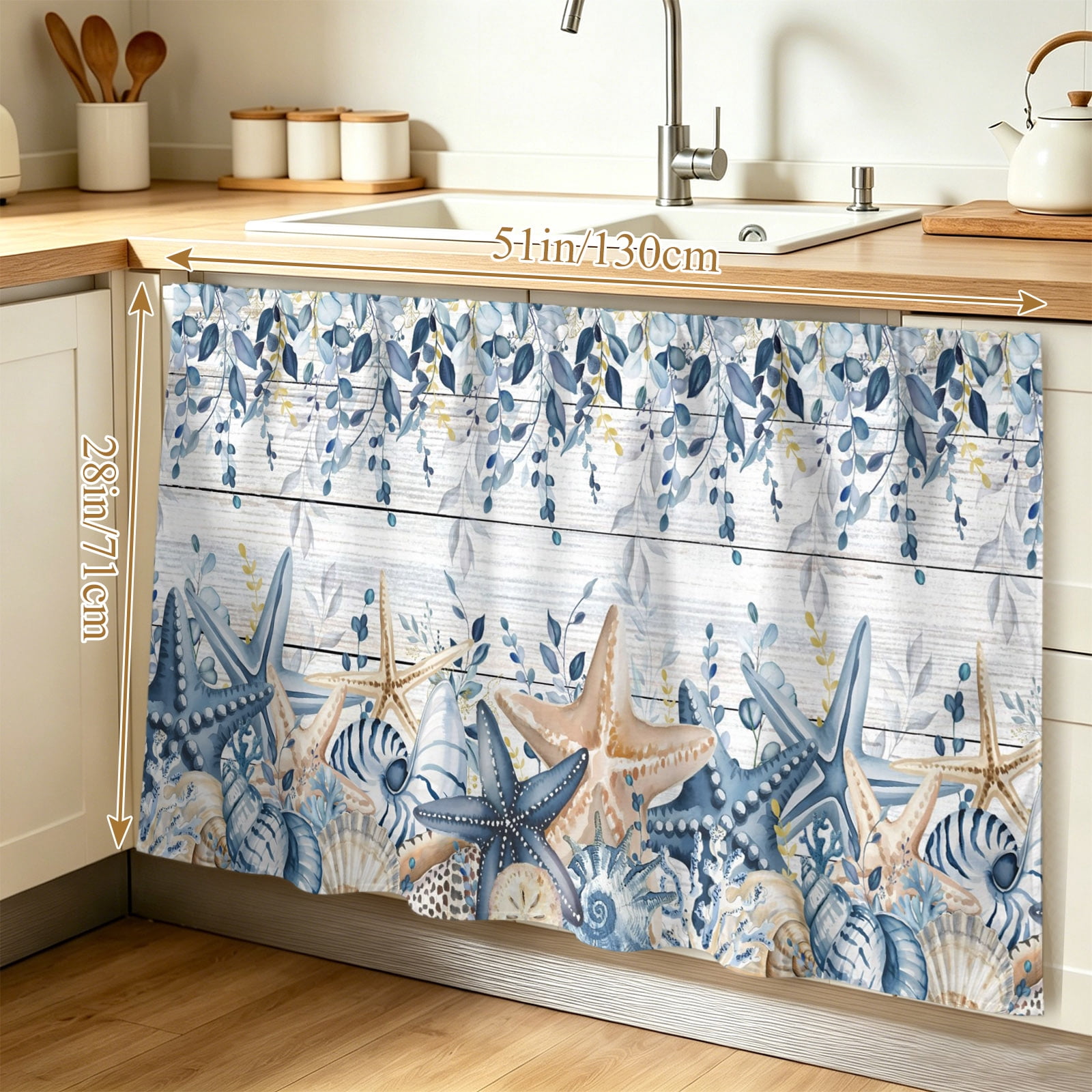 Blue Eucalyptus Coastal Cabinet Curtain 28"W x 51"L, Beach Starfish ...
