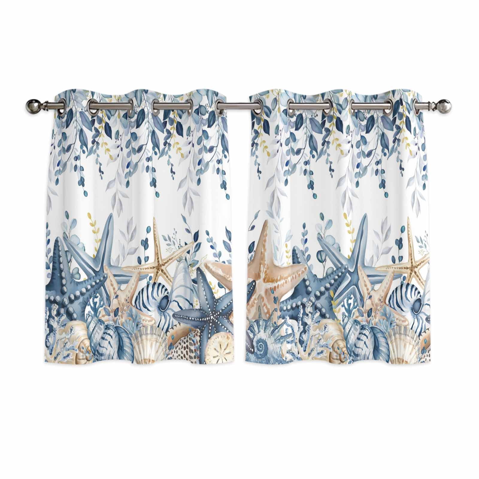 Blue Eucalyptus Coastal Kitchen Curtains Window Panels, Beach Starfish ...