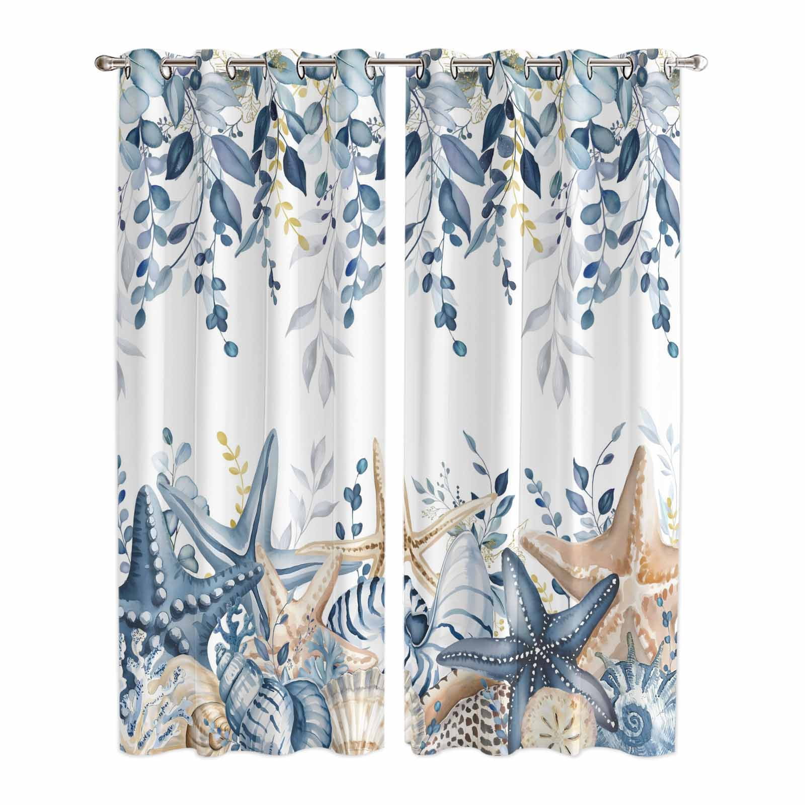 Blue Eucalyptus Coastal Kitchen Curtains Window Panels, Beach Starfish ...