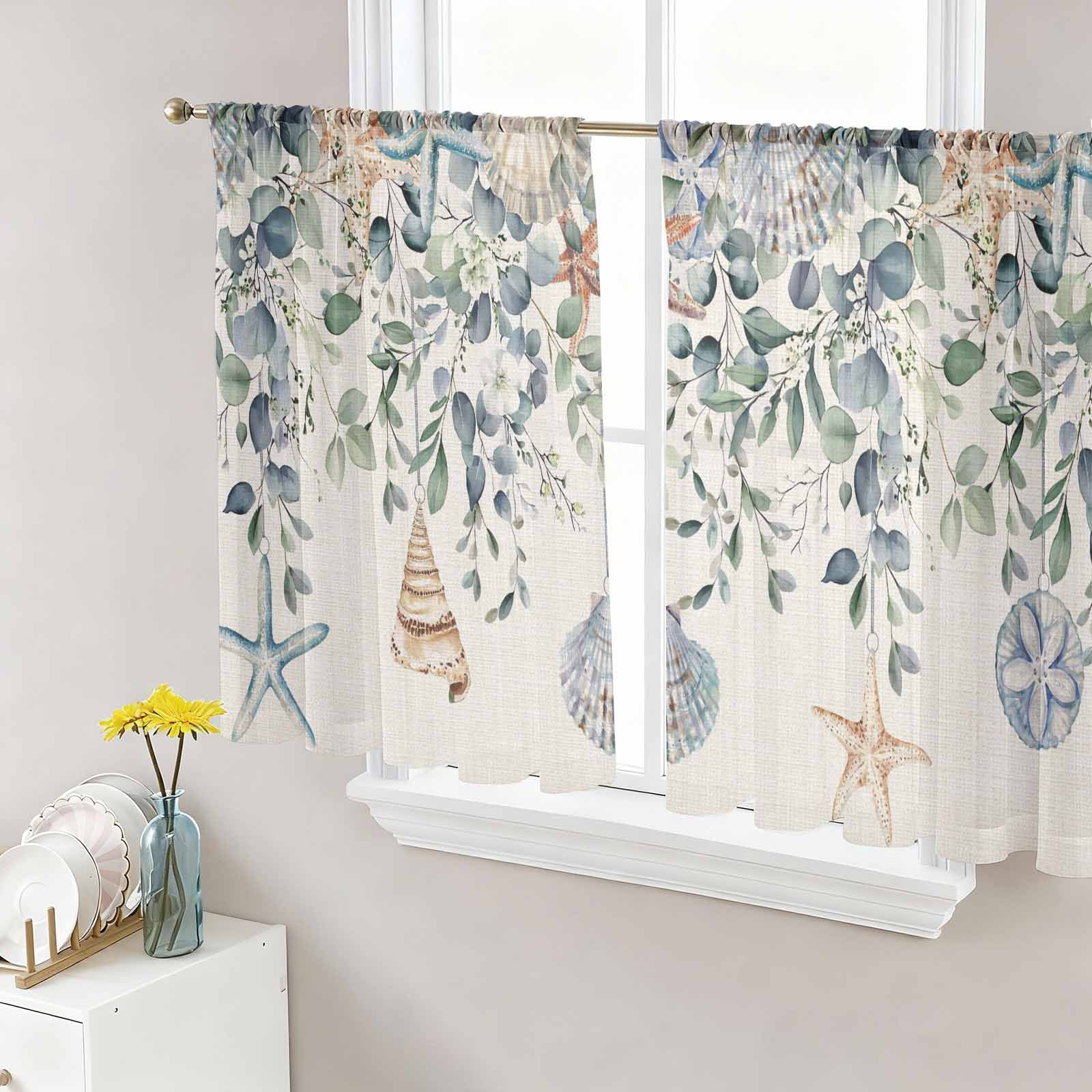 Blue Eucalyptus Coastal Semi Sheer Curtains 45 Inch Length 2 Panels Set ...