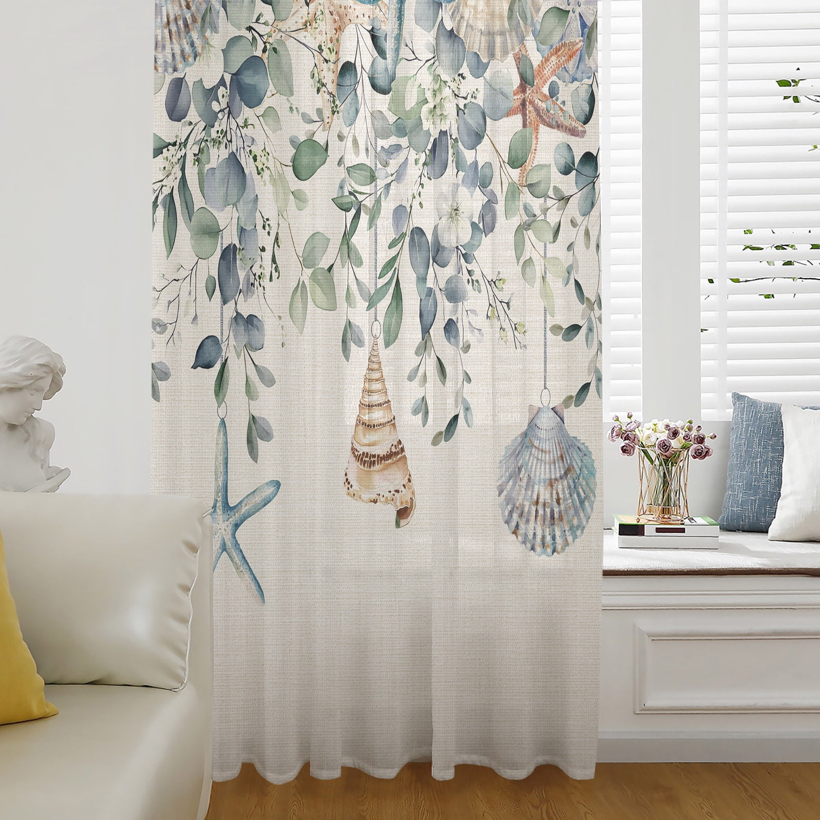 Blue Eucalyptus Coastal Sheer Curtains 96 Inch Length, Light Filtering ...